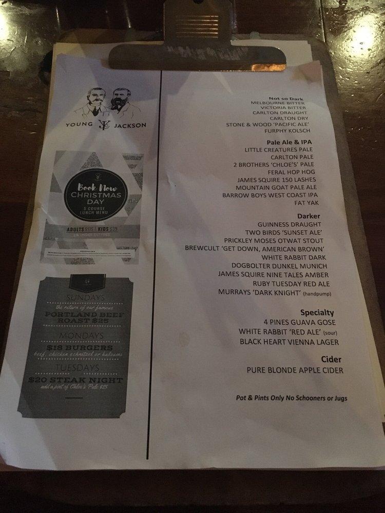 Menu at Young and Jacksons pub & bar, Melbourne, 1 Swanston St