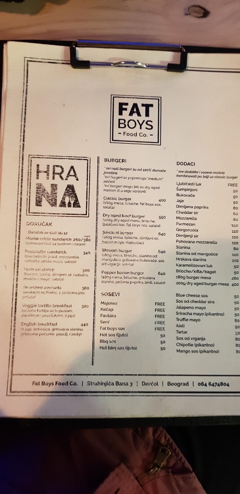 Menu at Fat Boys Food co. pub & bar, Belgrade