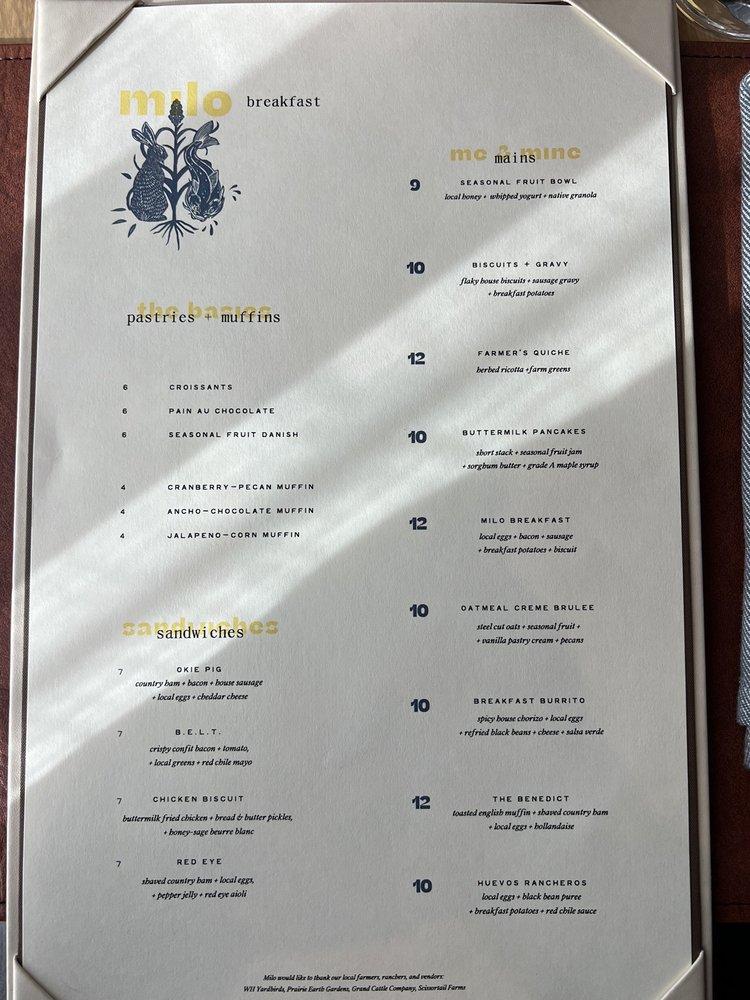 Menu at Milo pub & bar, Oklahoma City