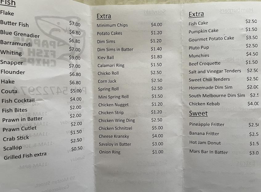 Menu at Papas Fish Shop fast food, Castlemaine