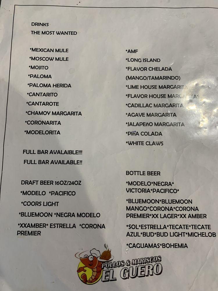 Carta del pub y bar Pollos y Mariscos El Guero, Nampa