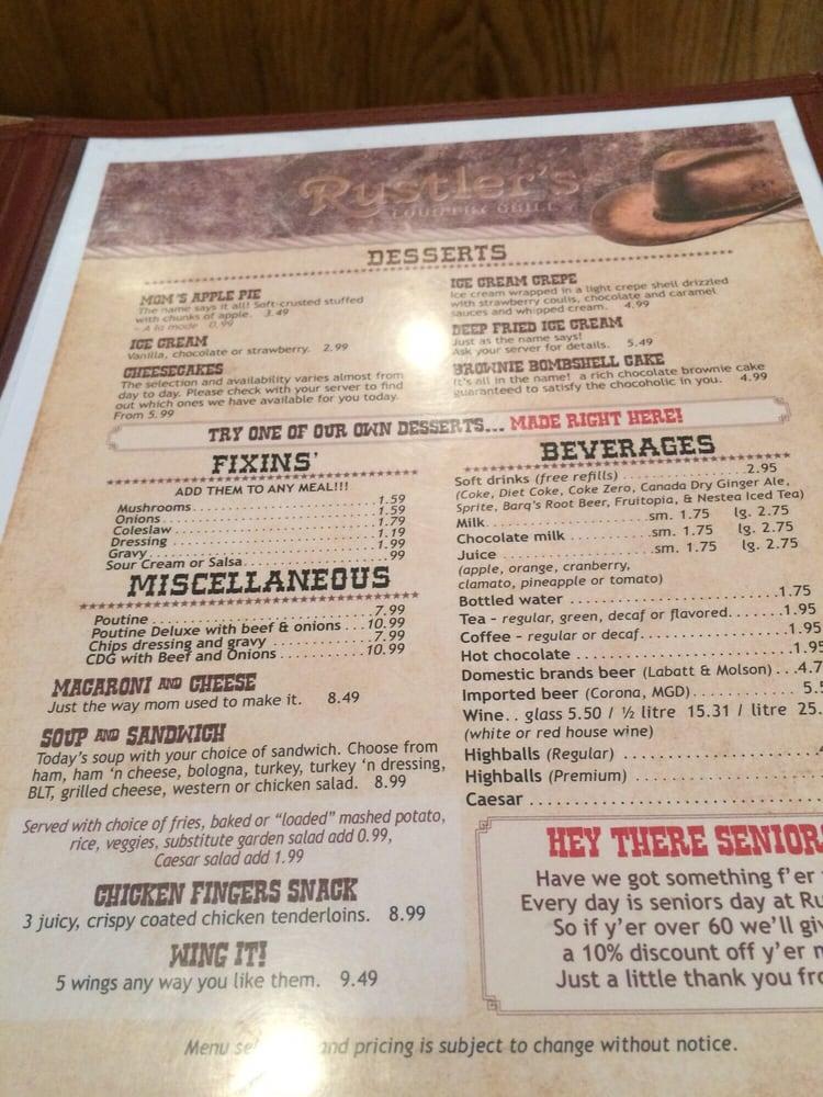 Menu at Rustler's Family Restaurant, St. John's