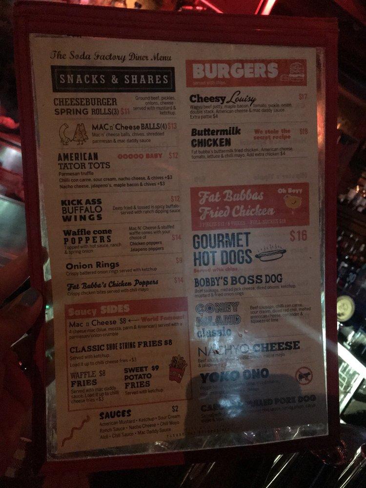 Menu at The Soda Factory restaurant, Surry Hills