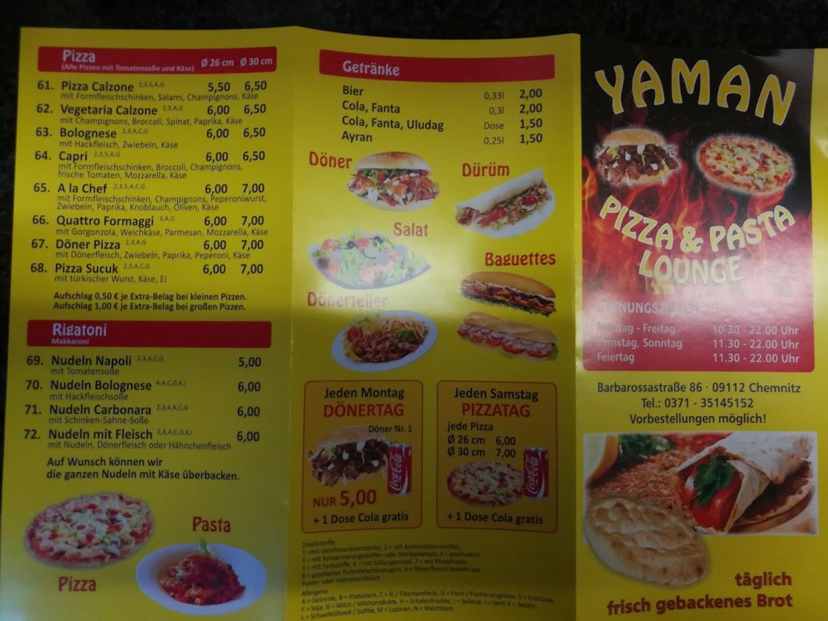 Menu at YAMAN restaurant, Chemnitz