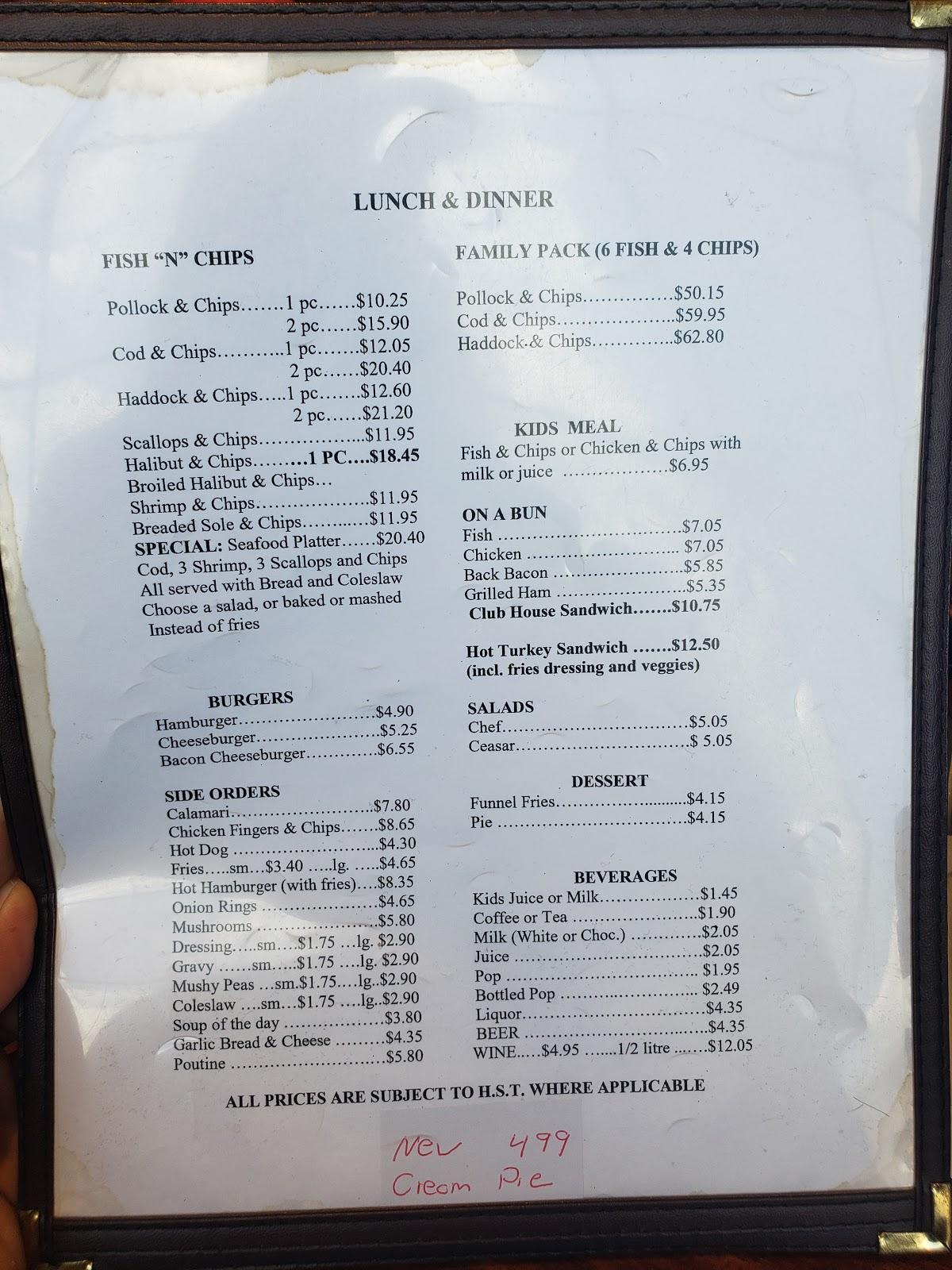 Menu at Barnacle Bill's, Cambridge, 47 Grand Ave S
