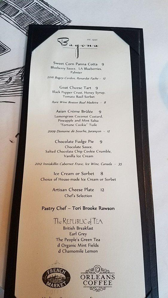 Menu at Bayona pub & bar, New Orleans