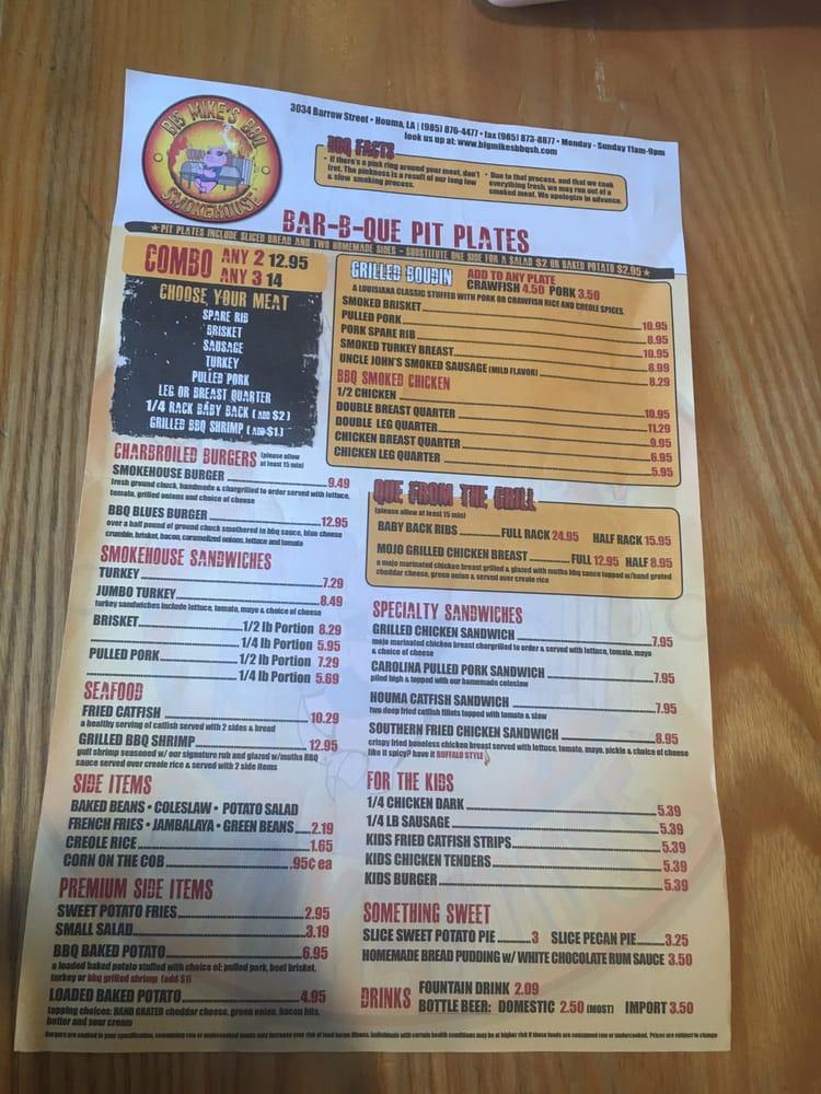 Menu at Big Mike's BBQ Smokehouse, Houma, Barrow St