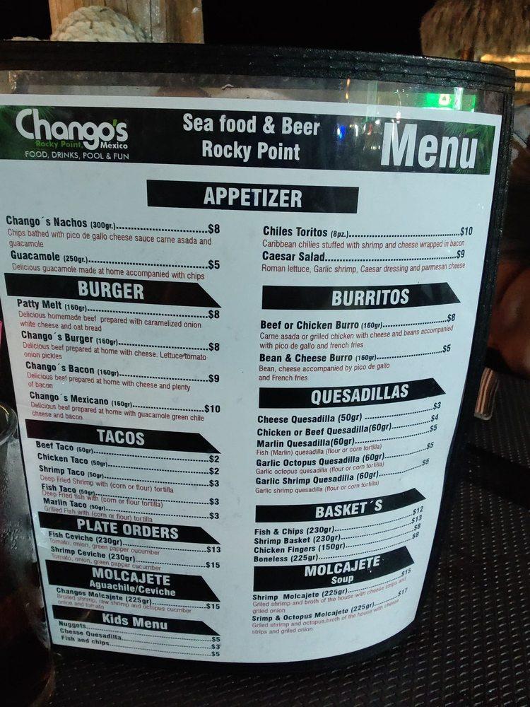 Menu at Chango's Seafood & Beer restaurant, Puerto Peñasco
