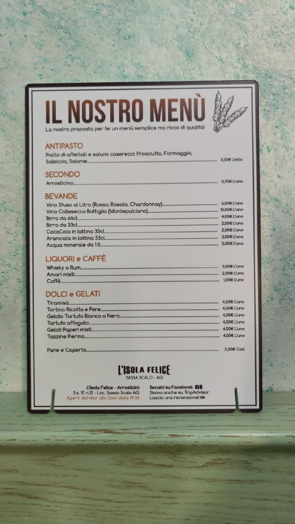 Speisekarte von Isola Felice restaurant, L'Aquila