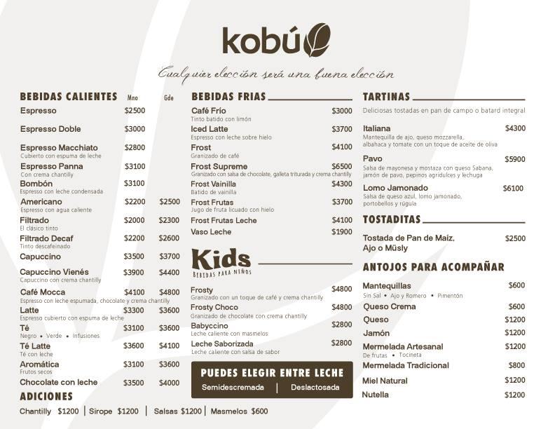 Menu at Kobú cafeteria, Medellín