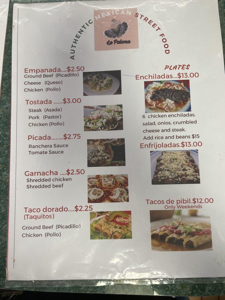 Menu at La Paloma restaurant, Elizabethtown