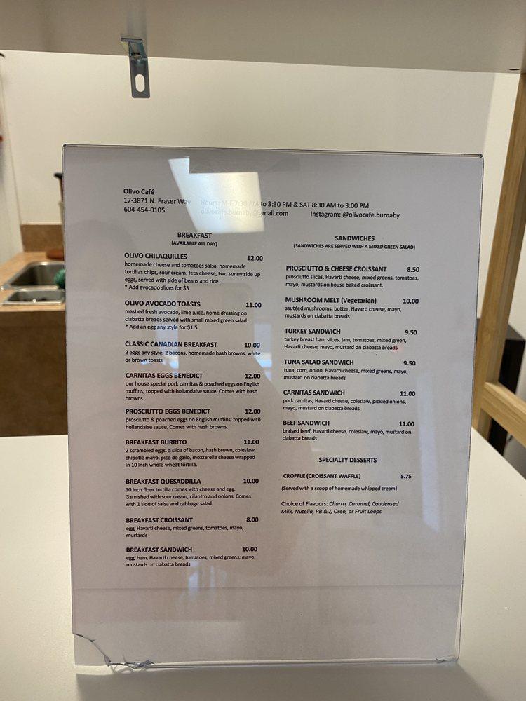 Menu at Olivo Cafe, Burnaby