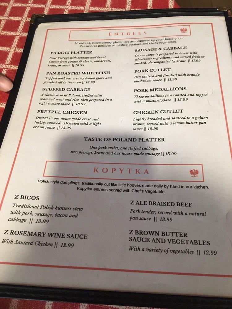 Menu at Kolasa’s Polish Peasant restaurant, Michigan City