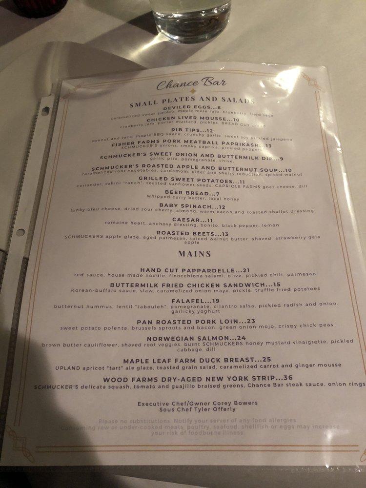 Menu at Chance Bar, Fort Wayne
