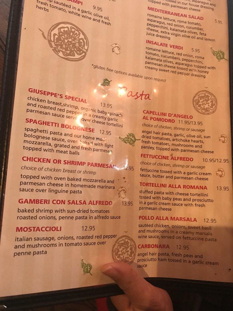 Menu at Giuseppe's Italian Ristorante restaurant, Rosemount