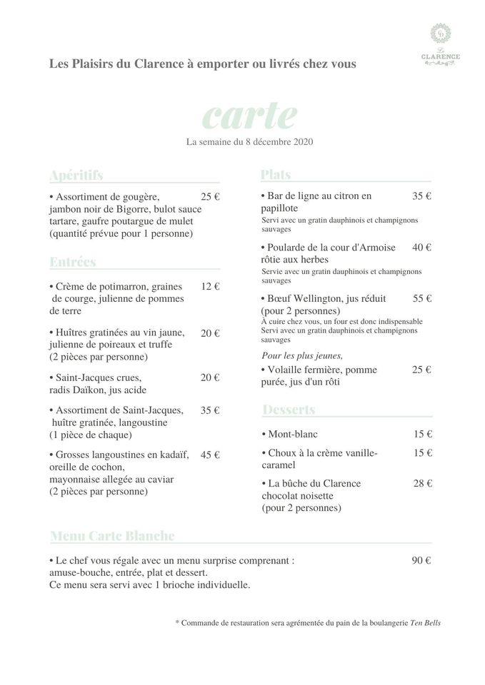 Carta del pub y bar Le Clarence, Paris