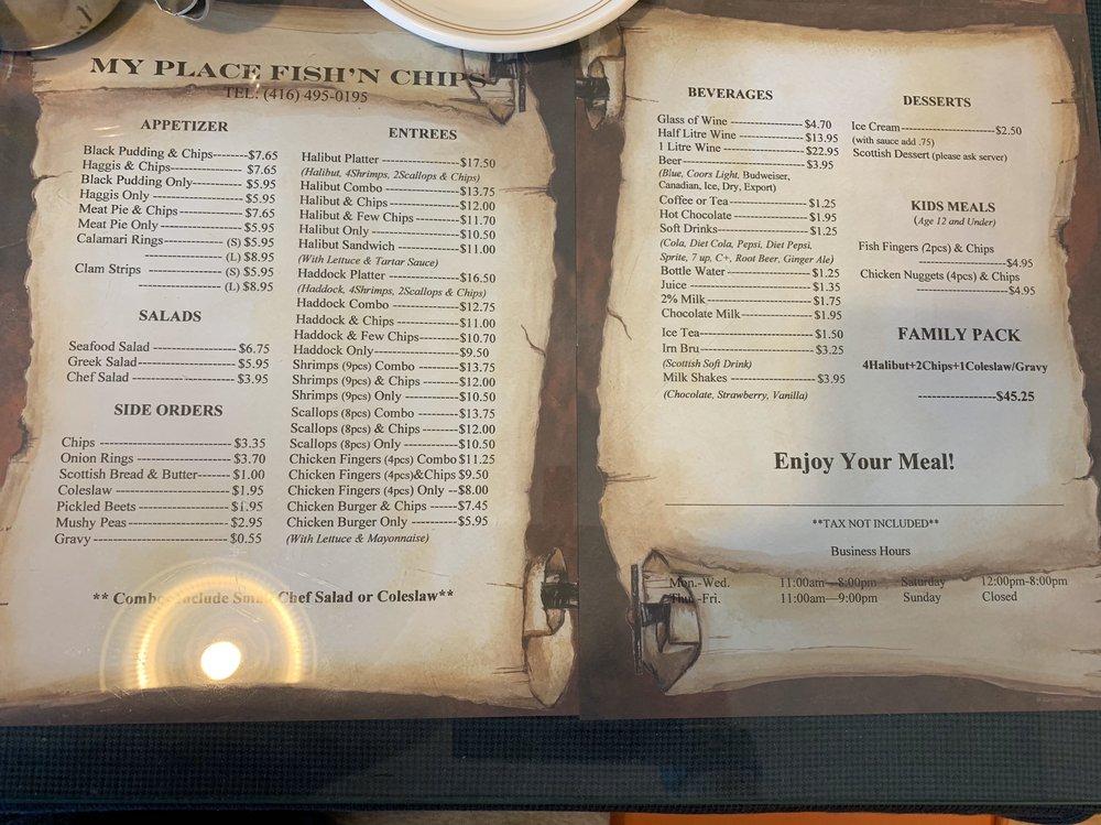 Menu at My Place Fish & Chips restaurant, Toronto