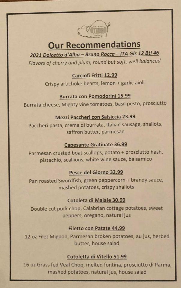 Menu at Ottimo restaurant, Orland Park