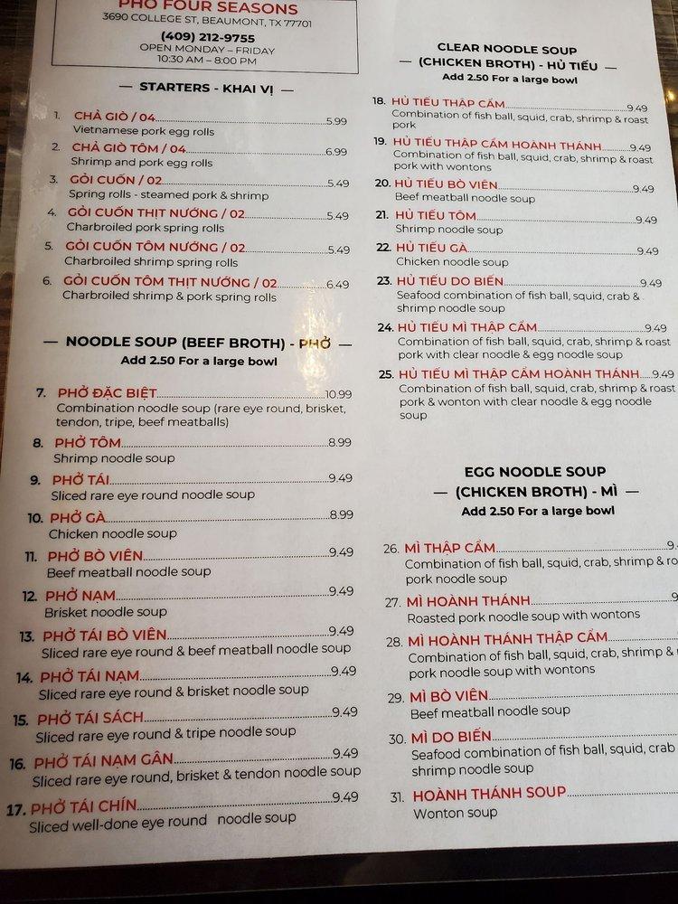 Menu at Pho Four Seasons restaurant, Beaumont, College St