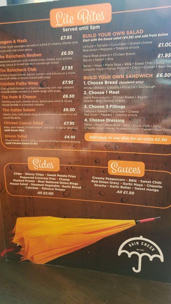 Menu at Rain Check Belfast cafe, Belfast