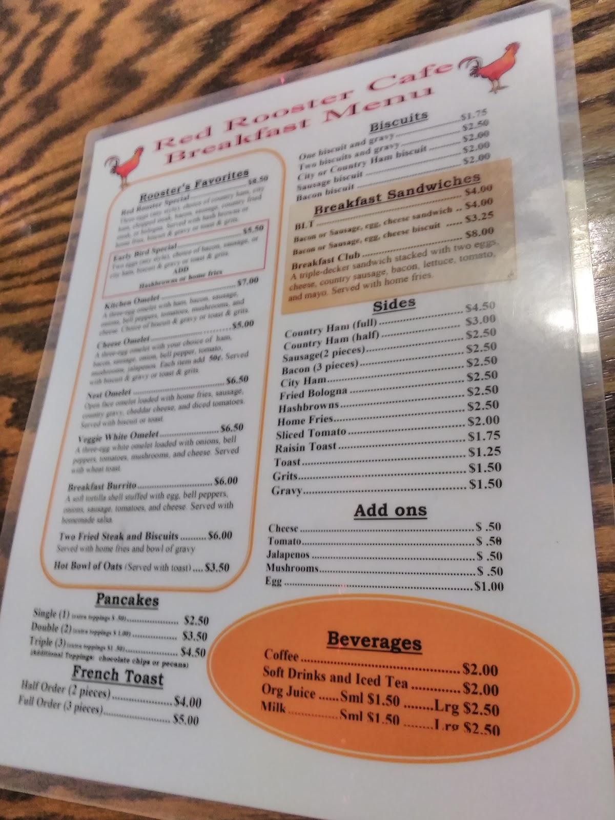 Menu at Red Rooster Cafe, Hendersonville, 801 W Main St