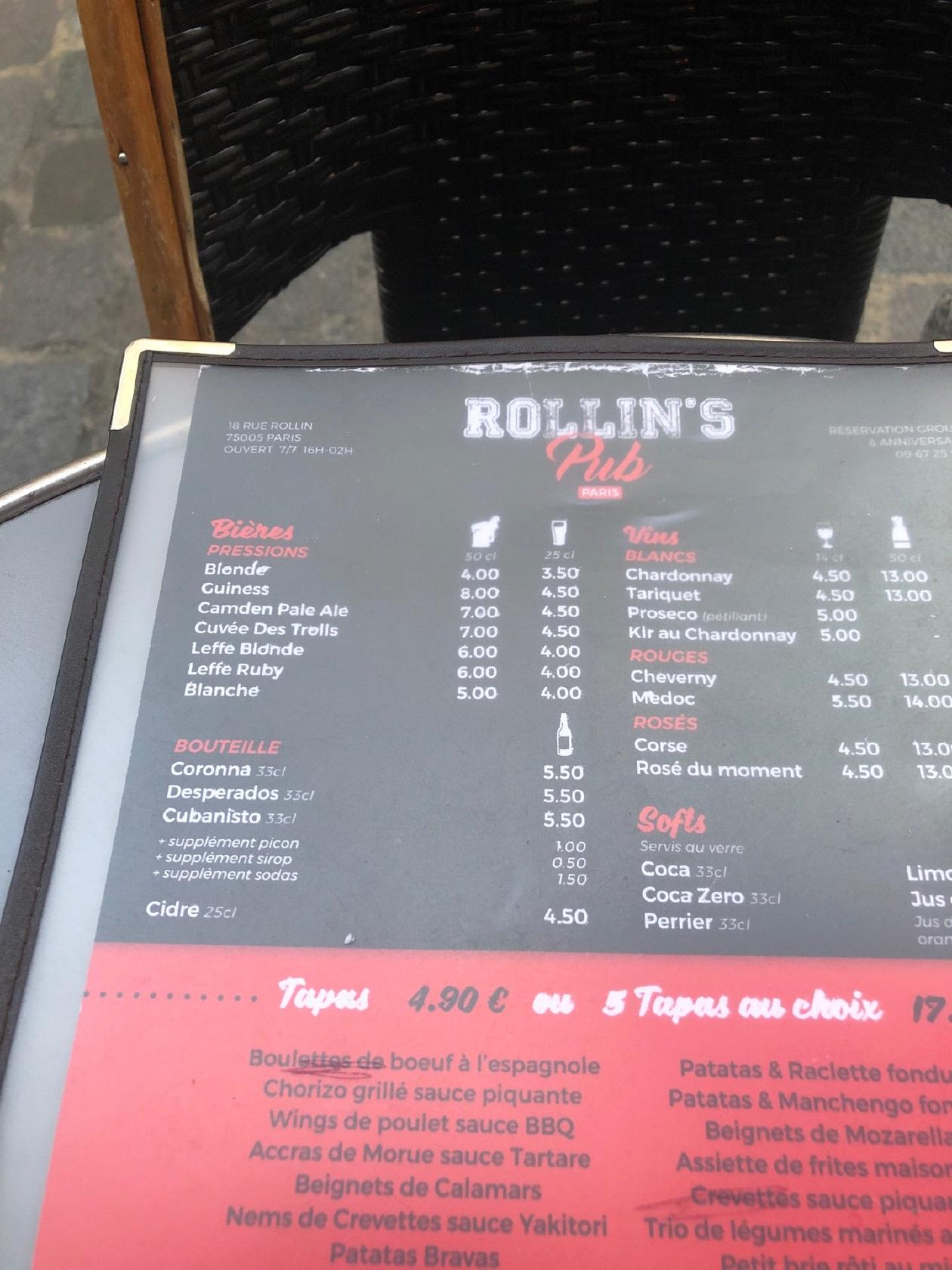 Menu at Rollin's Pub, Paris