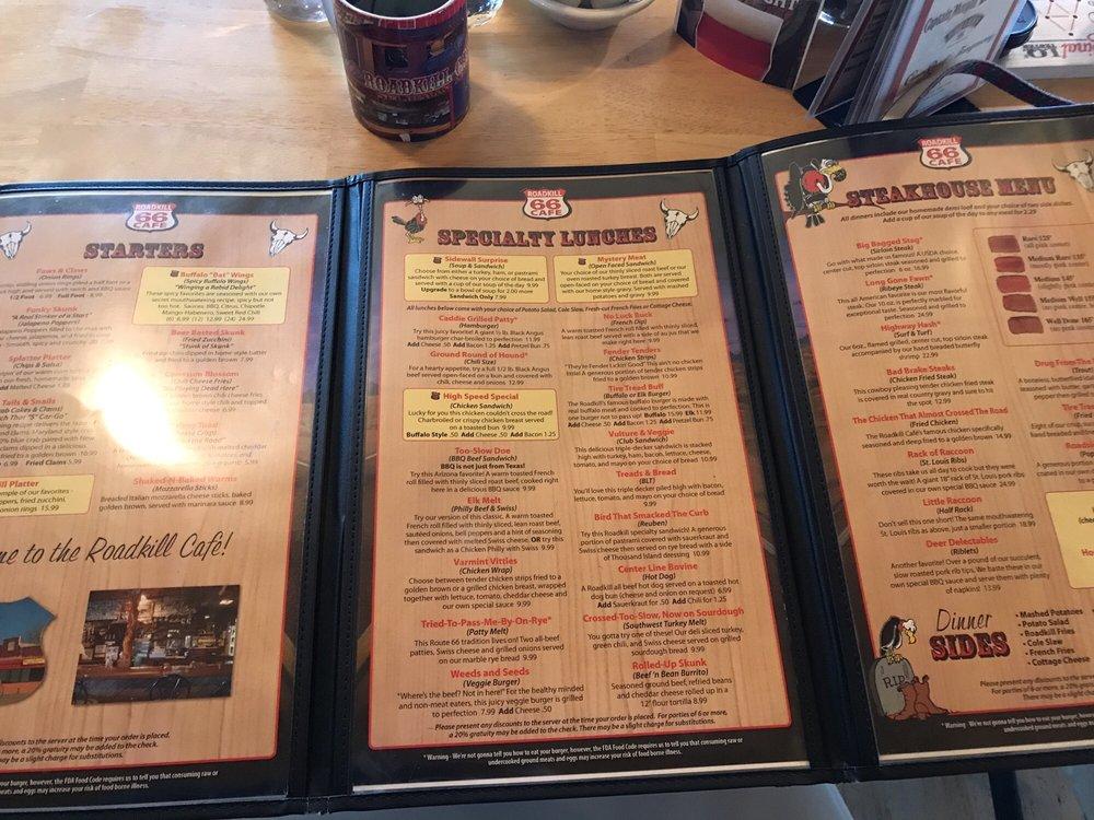 Menu at The Roadkill Cafe/O.K. Saloon, Seligman