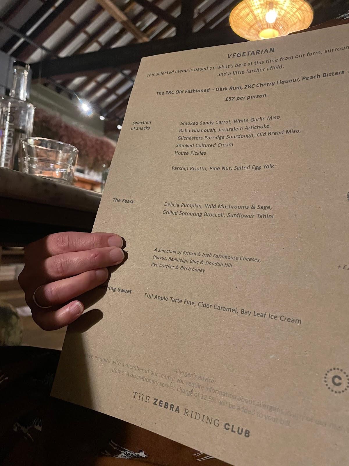 Menu at The Zebra Riding Club, Cheshunt