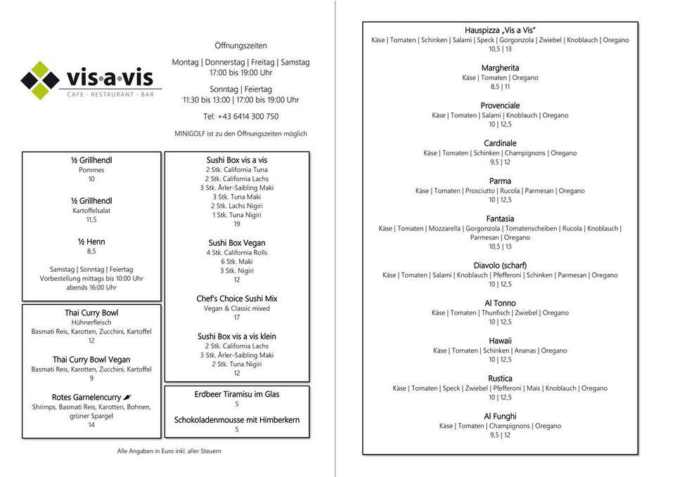 Speisekarte von Vis A Vis pub & Bar, Großarl, Marktstraße 82
