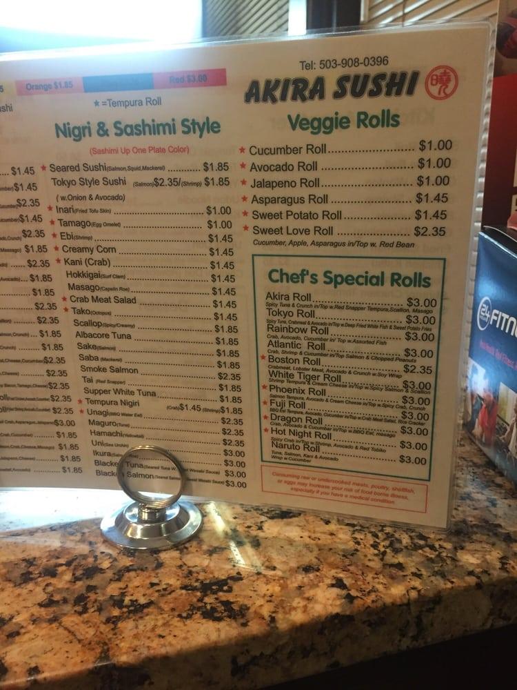 Menu at Akira Sushi restaurant, Clackamas