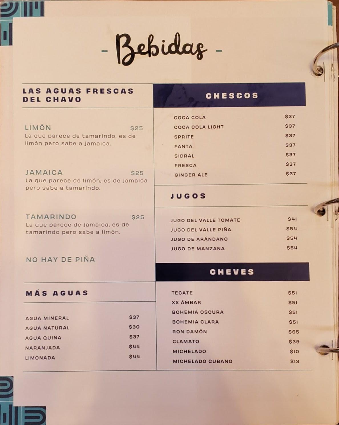 Carta del restaurante Chanfle y Recontrachanfle, Naucalpan del Juárez