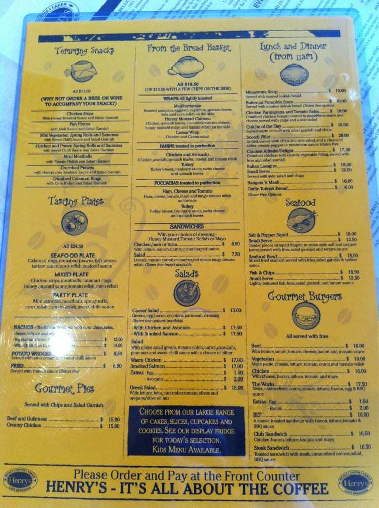 Menu at Henrys Cafe Brasserie, Bunbury