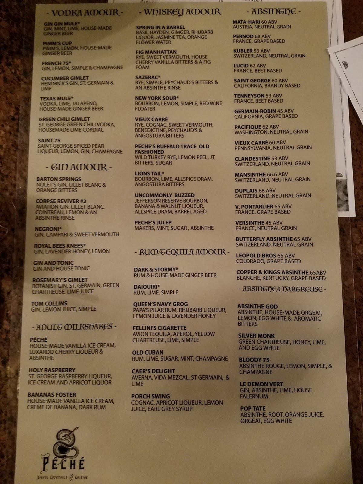 Menu at Péché pub & bar, Austin