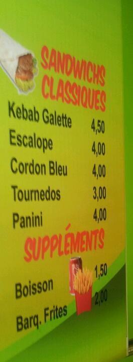 Menu at Snack Tac Tac, Marseille