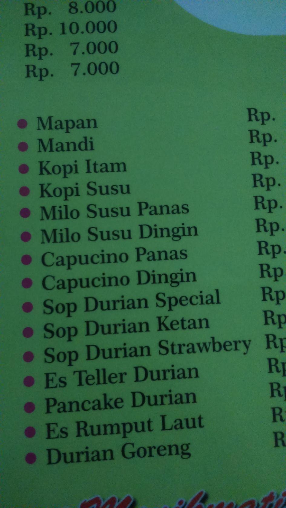 Menu at Sop Durian Jisyella, Medan