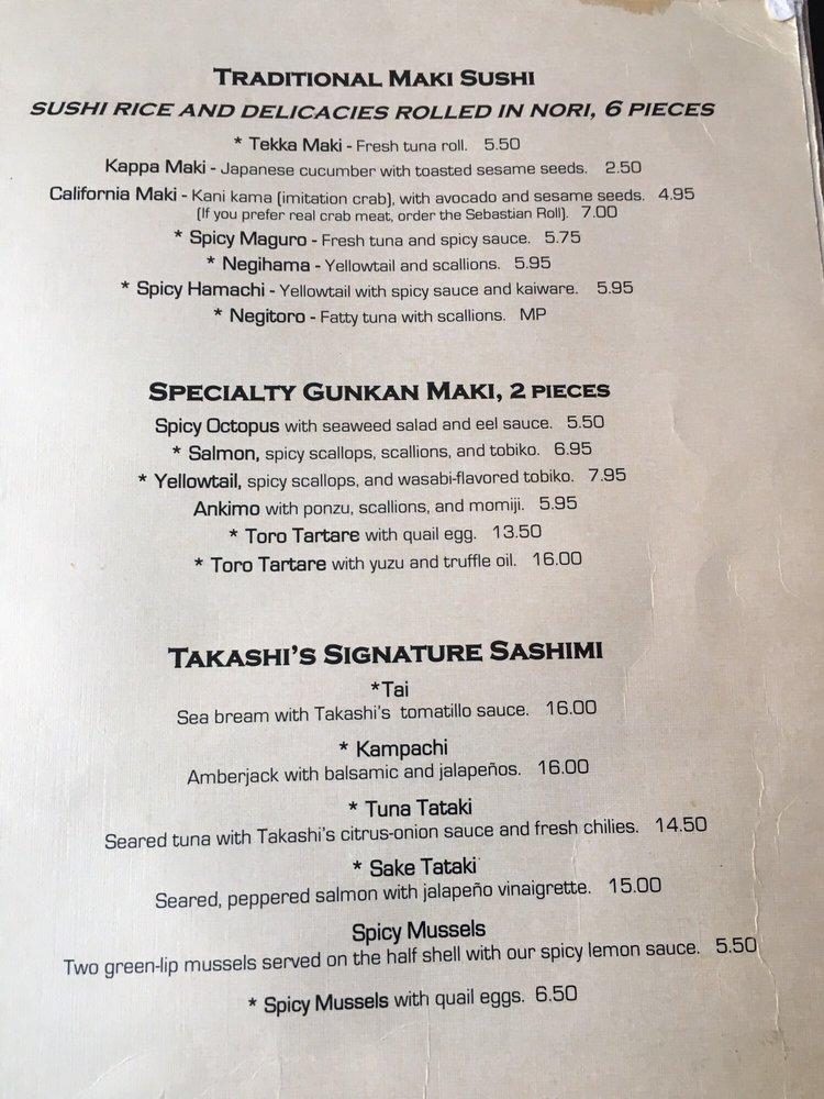 Menu at Takashi restaurant, Salt Lake City