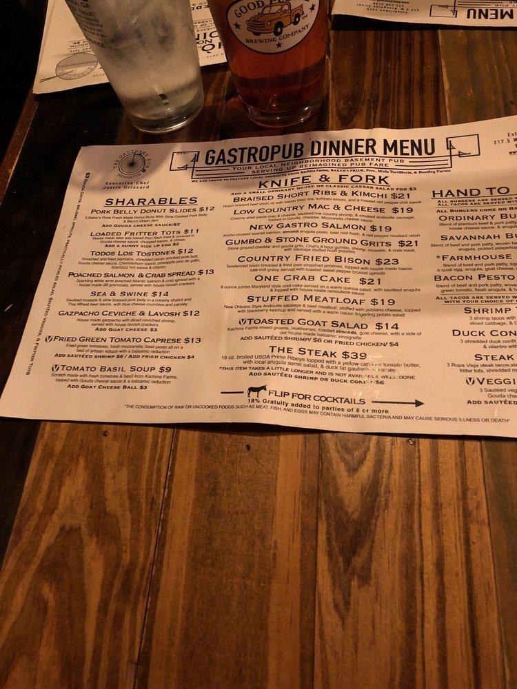 Menu at The Ordinary Pub, Savannah