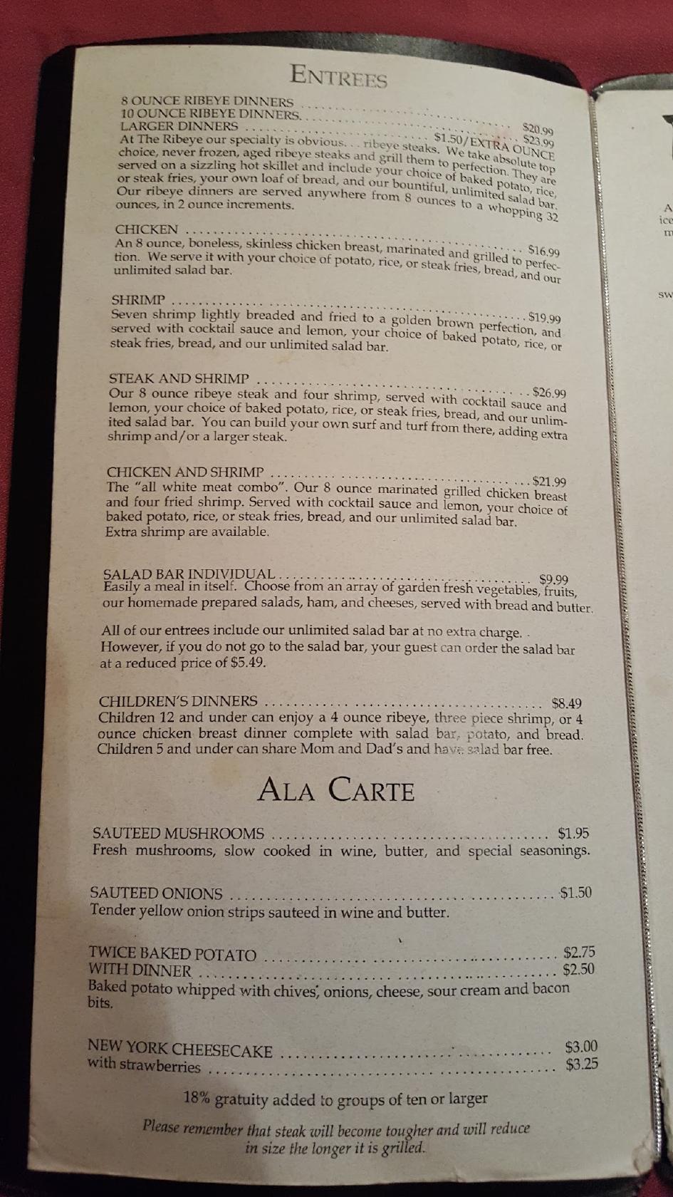 Menu at The Ribeye steakhouse, Champaign, S Neil St