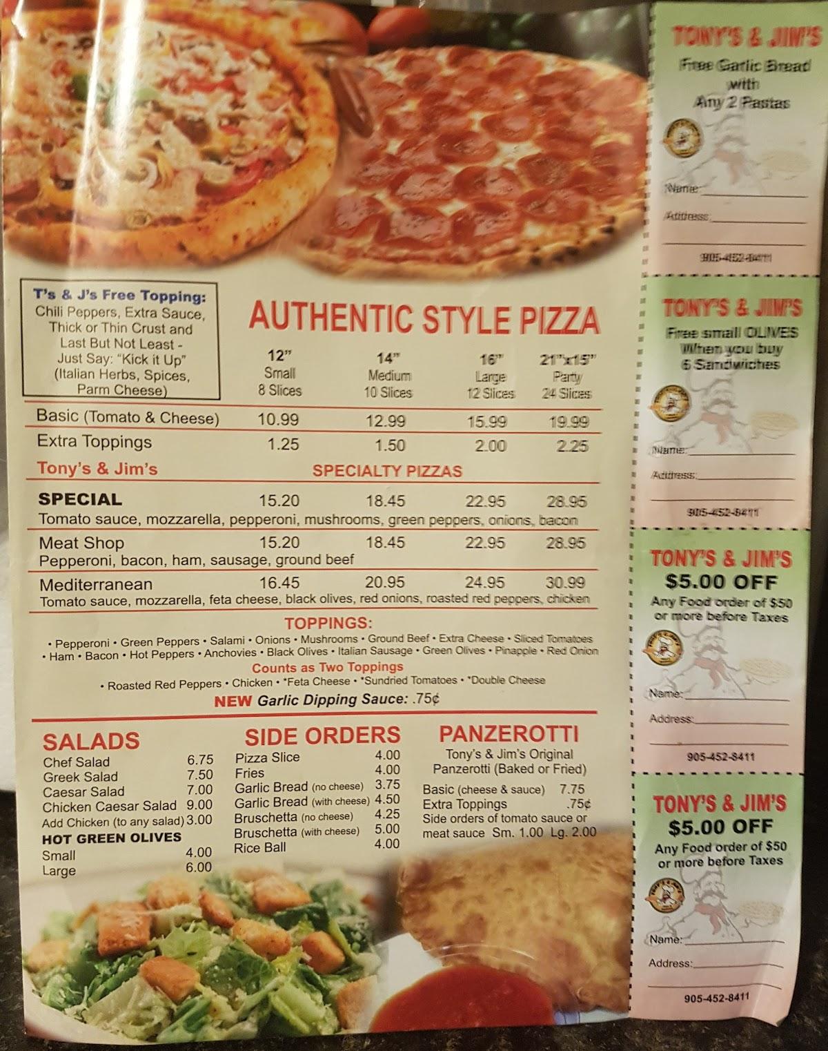Menu au Tony & Jim's Place pizzeria, Brampton