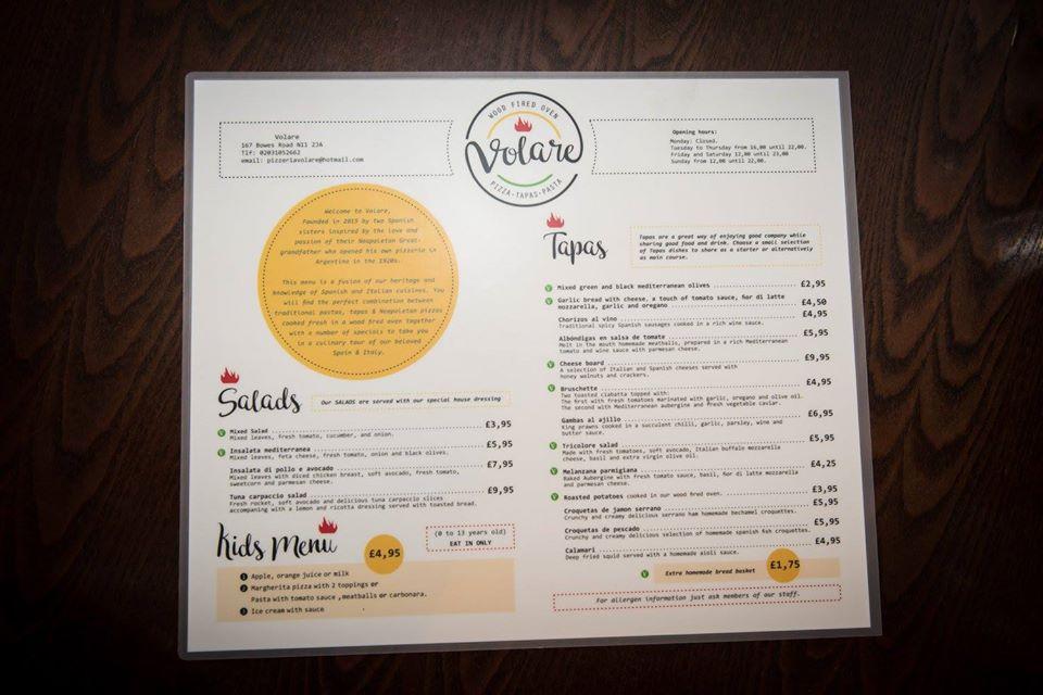 Menu at Volare restaurant, London, 167 Bowes Rd