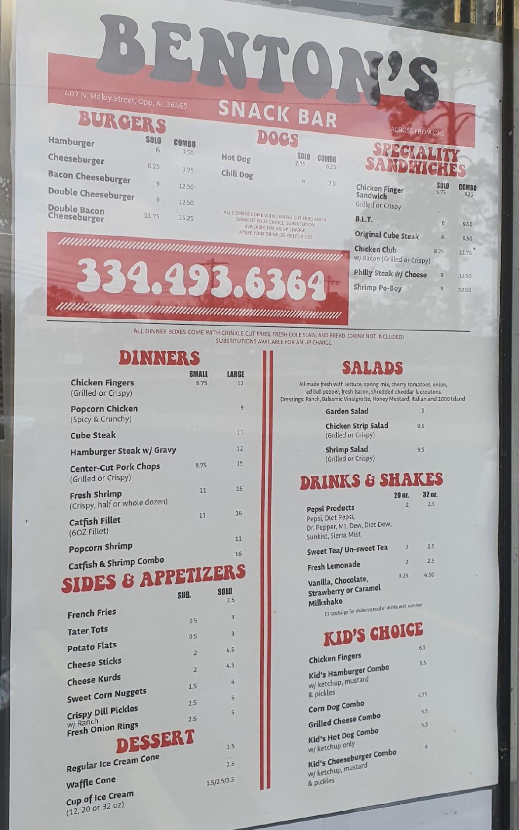 Menu at Benton's restaurant, Opp