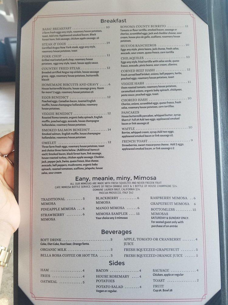 Menu at Cafe Mimosa, Rohnert Park