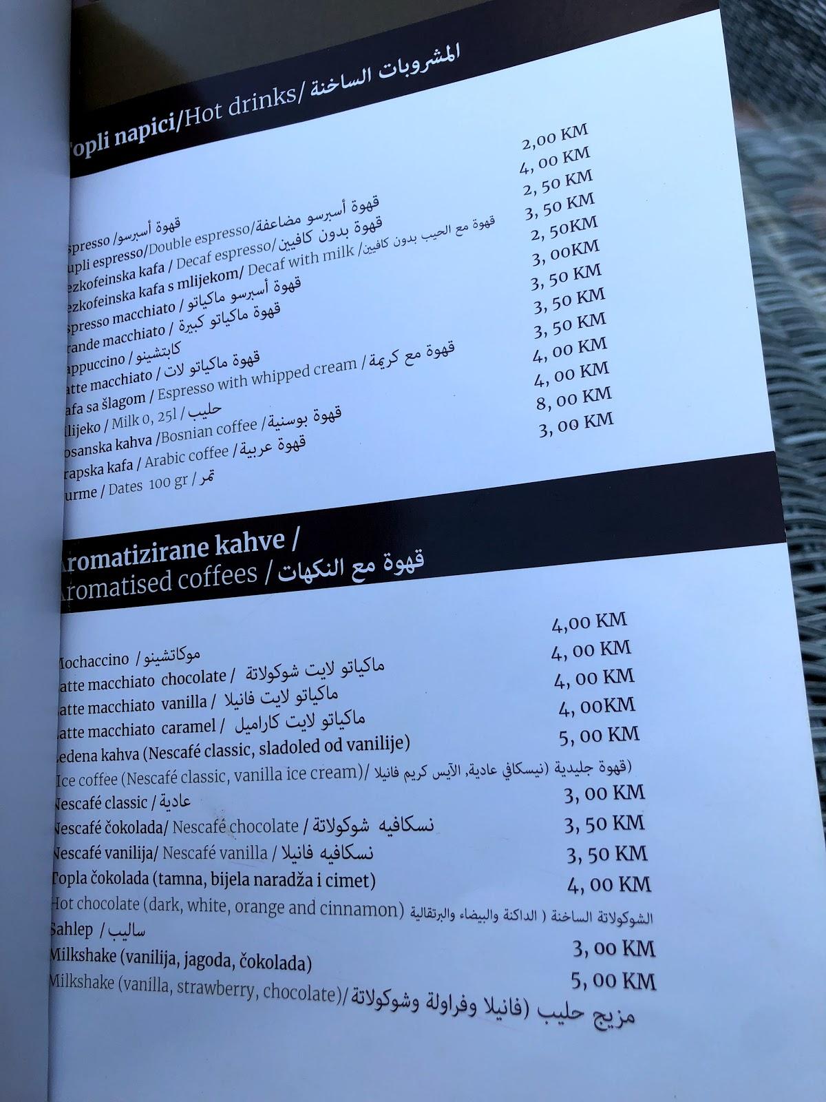 Menu at Café Orient cafe, Ilidža