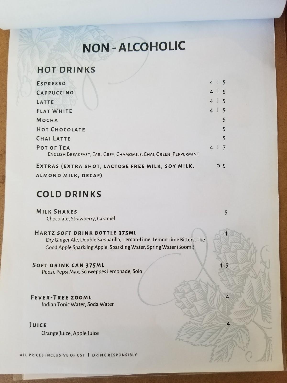 Menu at Cascade Brewery Bar, South Hobart