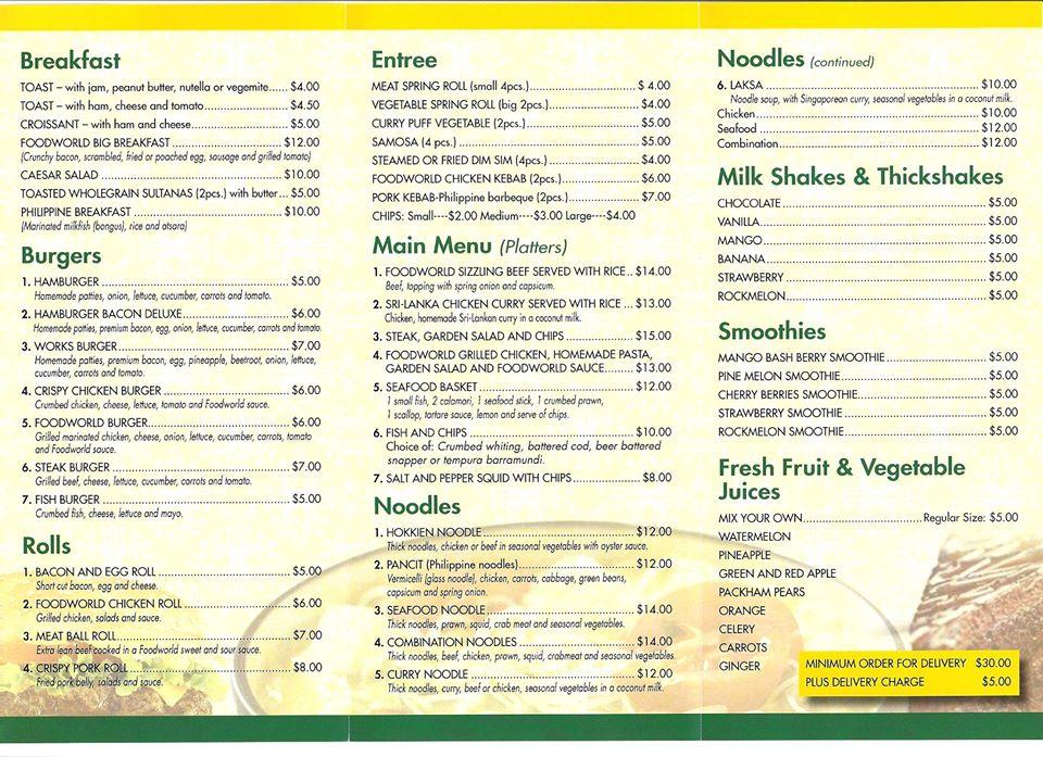 Menu at FOODWORLD CAFE, Wacol