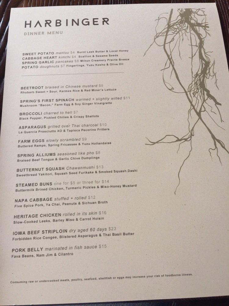 Menu at Harbinger restaurant, Des Moines