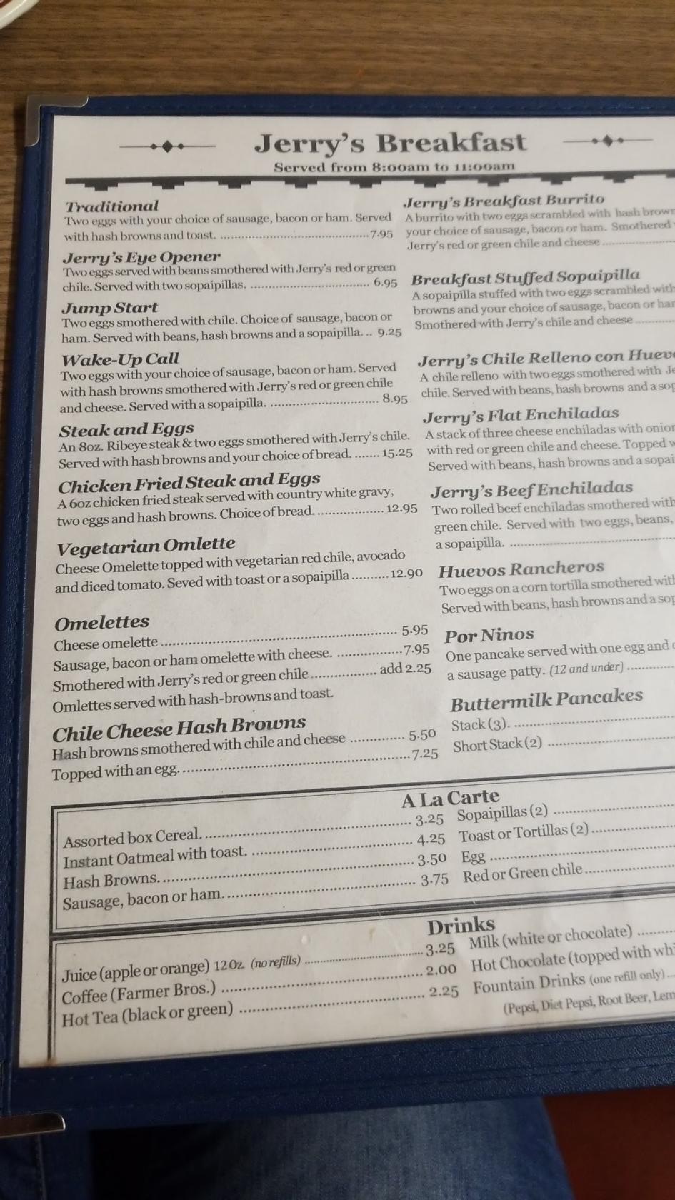 Menu at Jerry's Cafe, Gallup