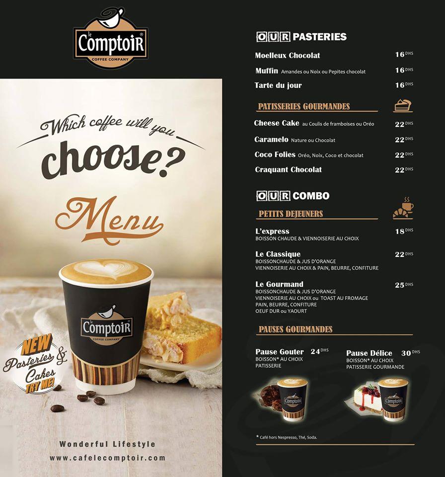 Menu at Le Comptoir Café cafeteria, Casablanca, 11 Avenue 2 Mars