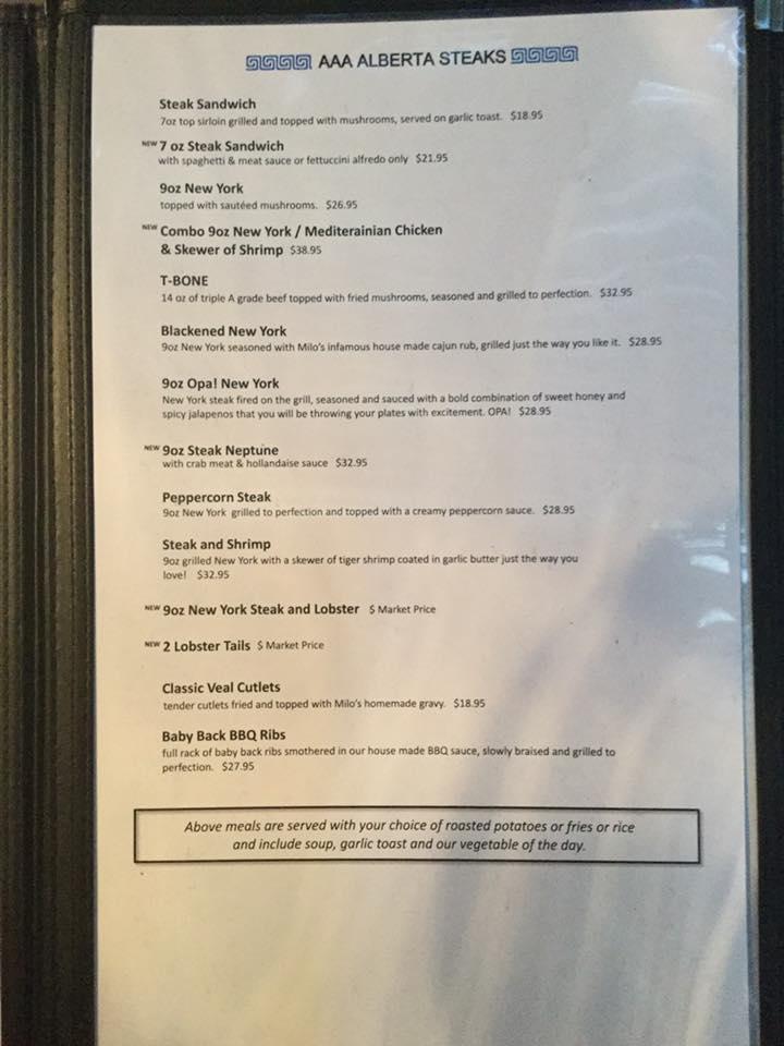 Menu at Milos Grill steakhouse, Hinton, 120 Felaber Rd