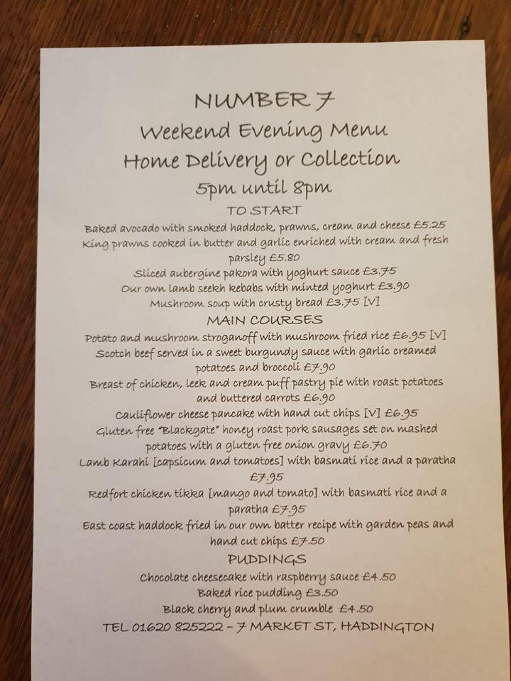 Menu at Number 7 restaurant, Haddington